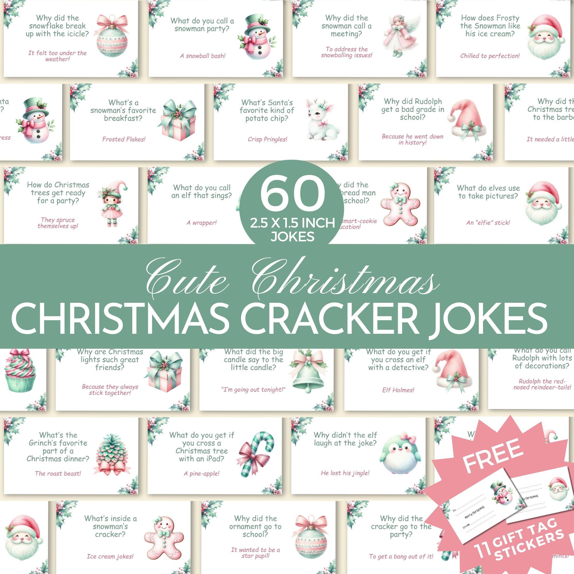 60 Printable Funny Christmas Cracker Jokes, Soft Pink and Green Holiday ...