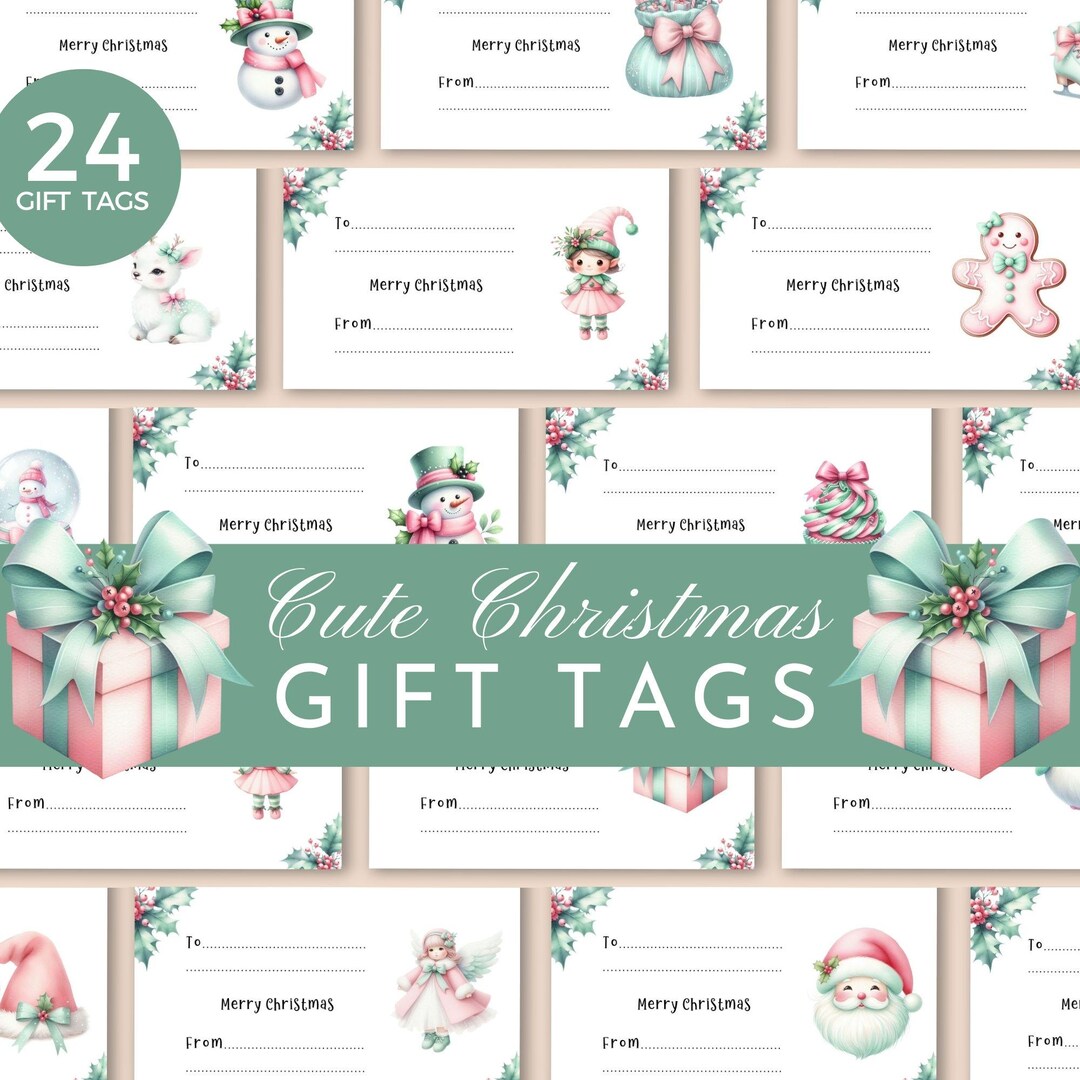 24 Printable Christmas Gift Tags, Soft Pink and Green Holiday Labels ...