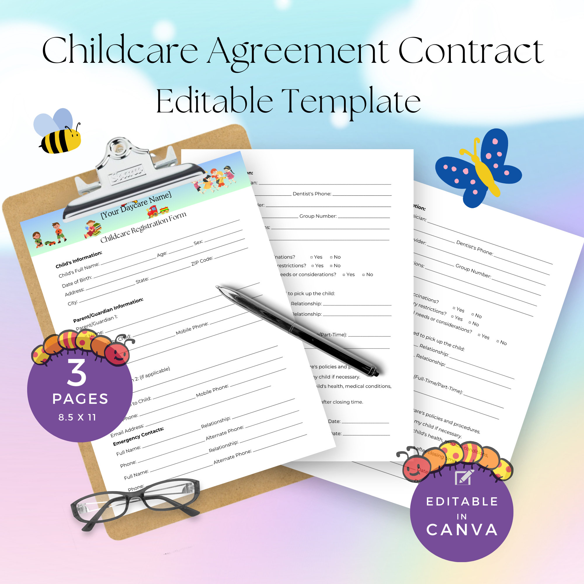 Editable Childcare Agreement Contract Forms for Home Daycare, Pre ...