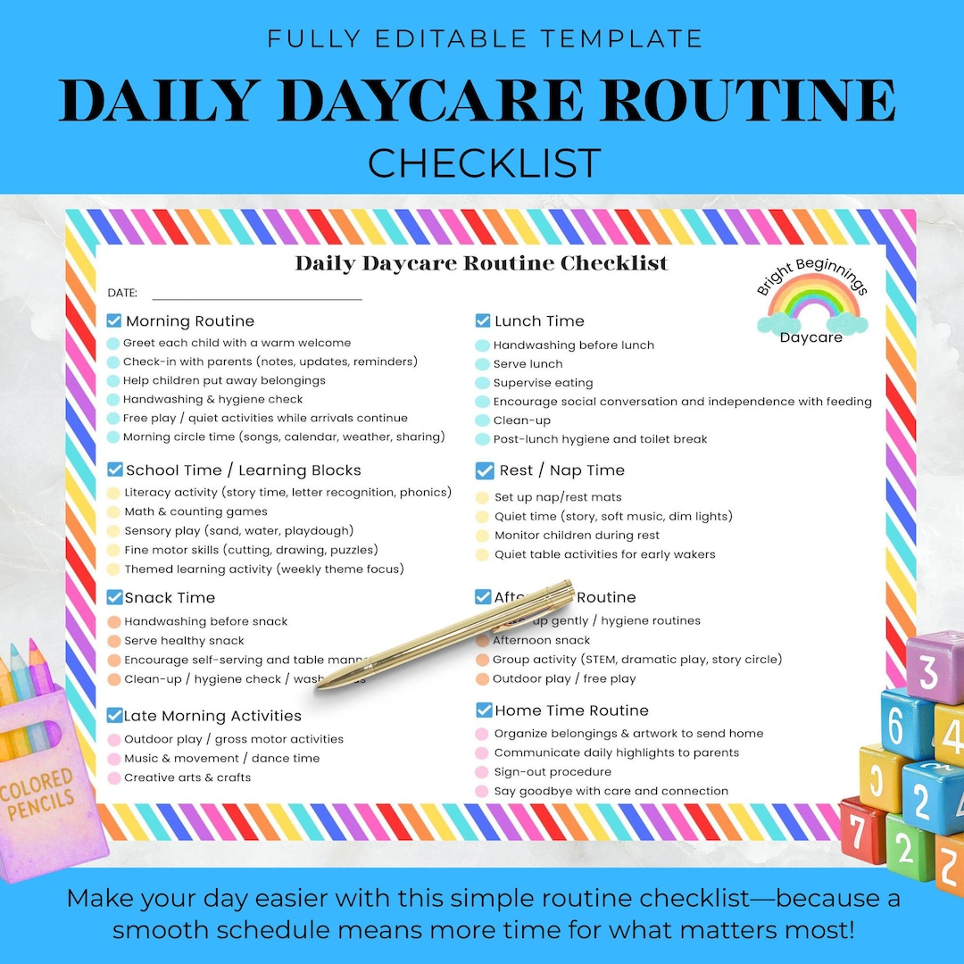 Daycare Daily Routine Checklist, Childcare Canva Template, Editable ...
