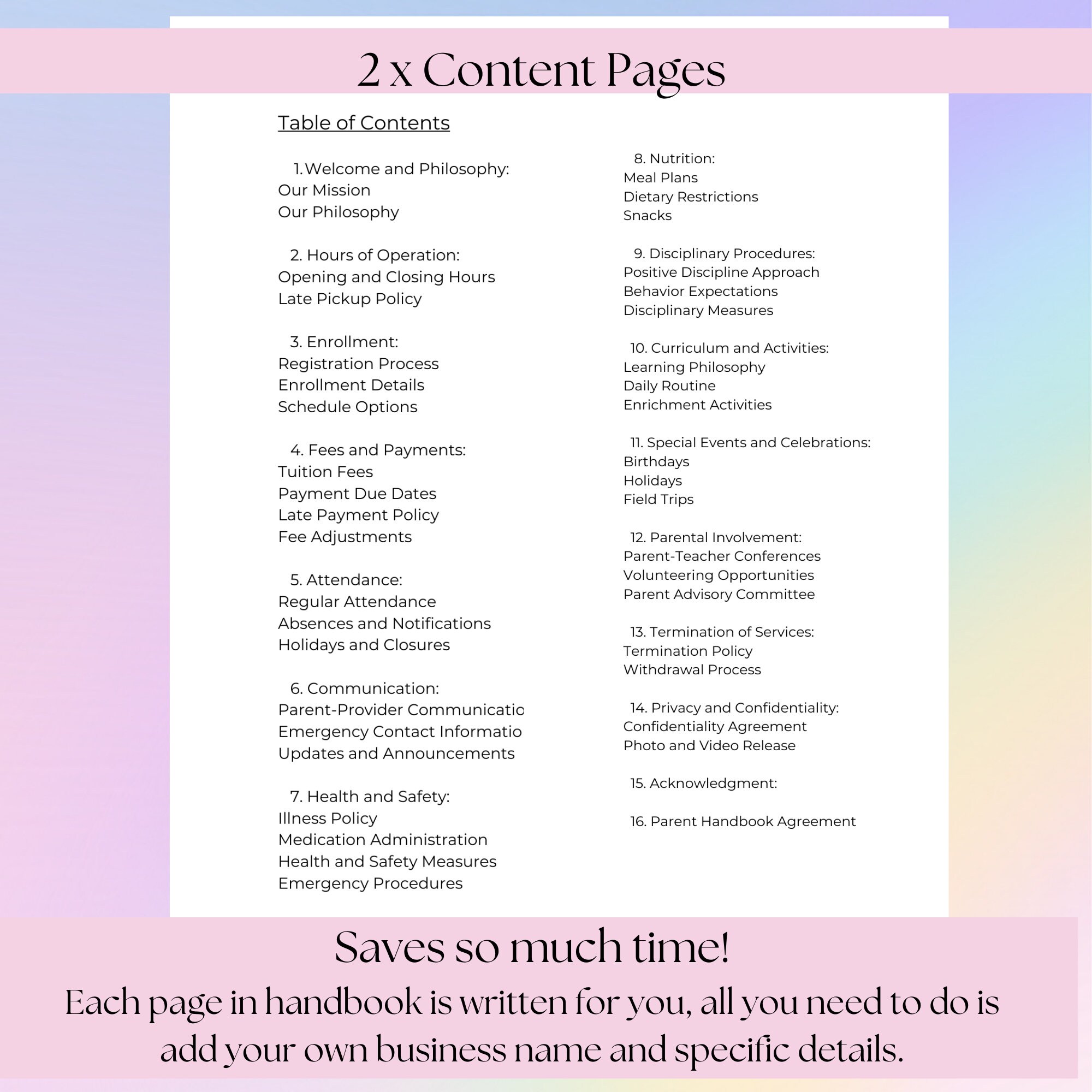 Daycare Parent Handbook, Daycare Contract, in Home Daycare, Childcare ...