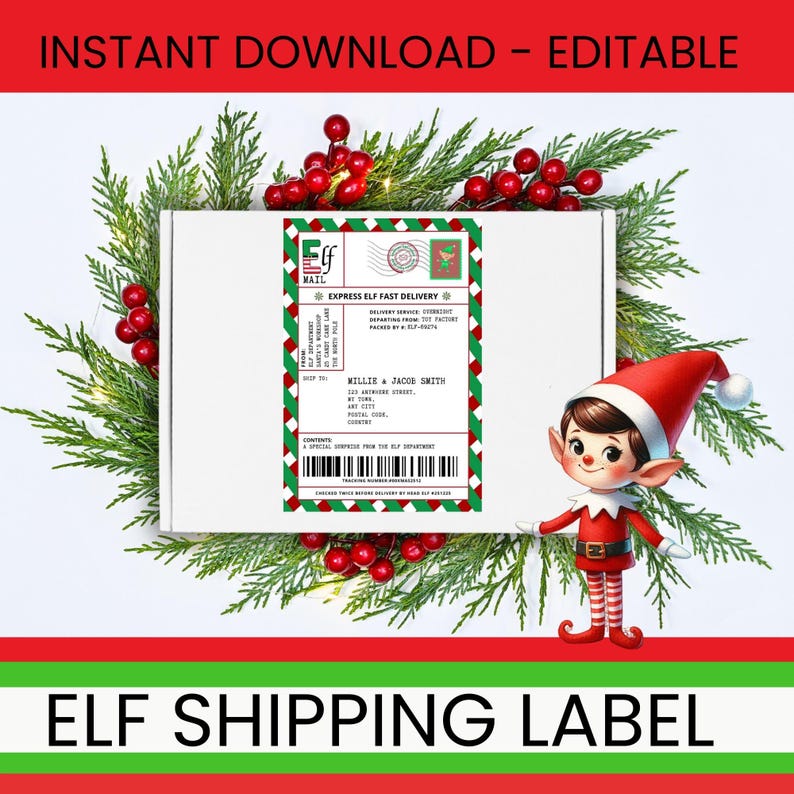 Editable Christmas Elf Shipping Label, Santa Mailing Labels Canva ...