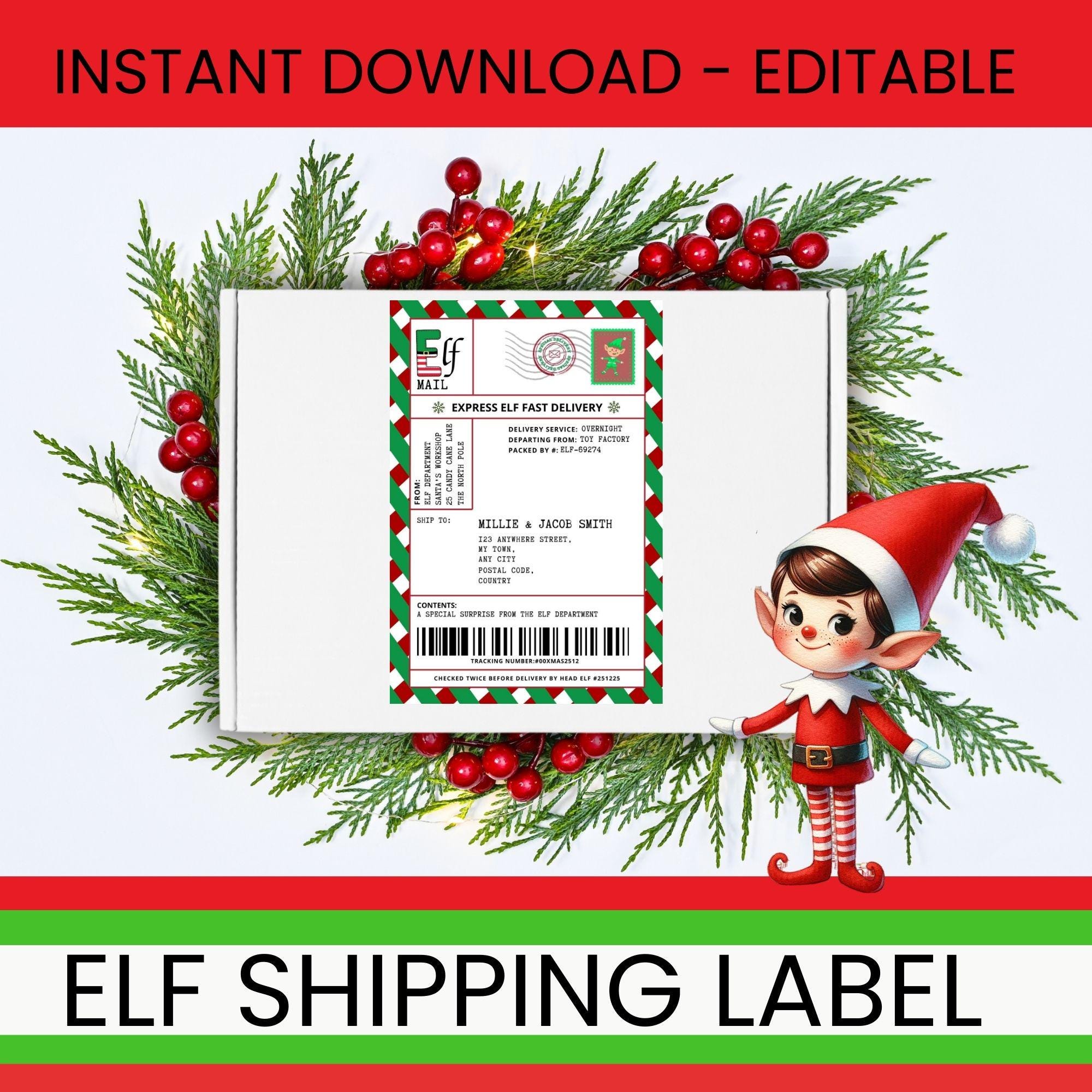 Editable Christmas Elf Shipping Label, Santa Mailing Labels Canva ...