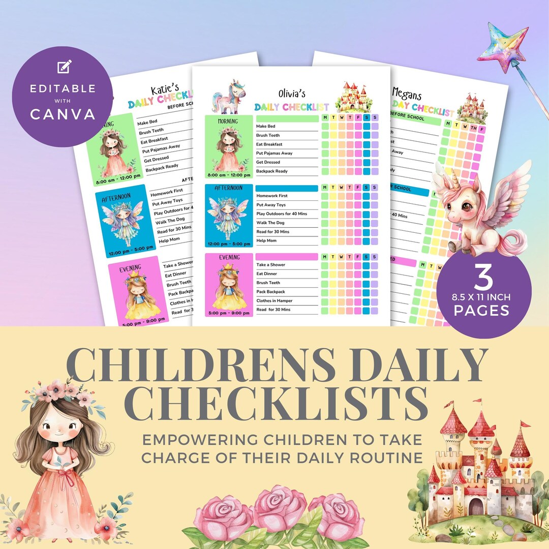 Childrens Editable Daily Routine Checklist, Fairytale Responsibility ...