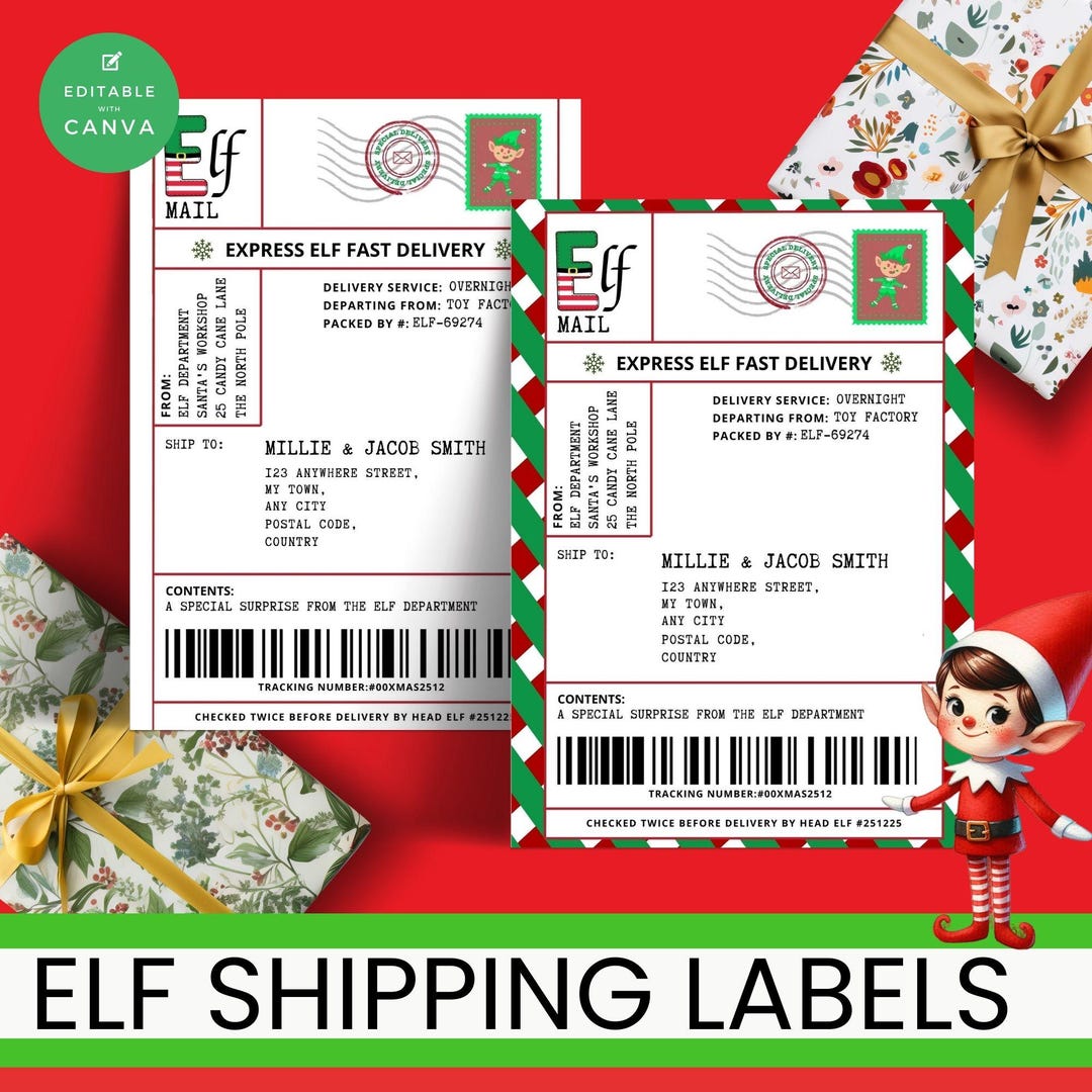 Editable Christmas Elf Shipping Label, Santa Mailing Labels Canva ...