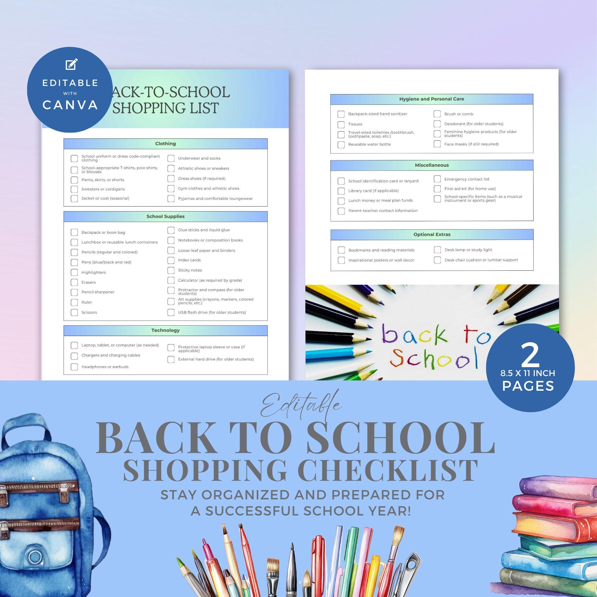Editable Back to School Shopping List Canva Template, School Supplies ...