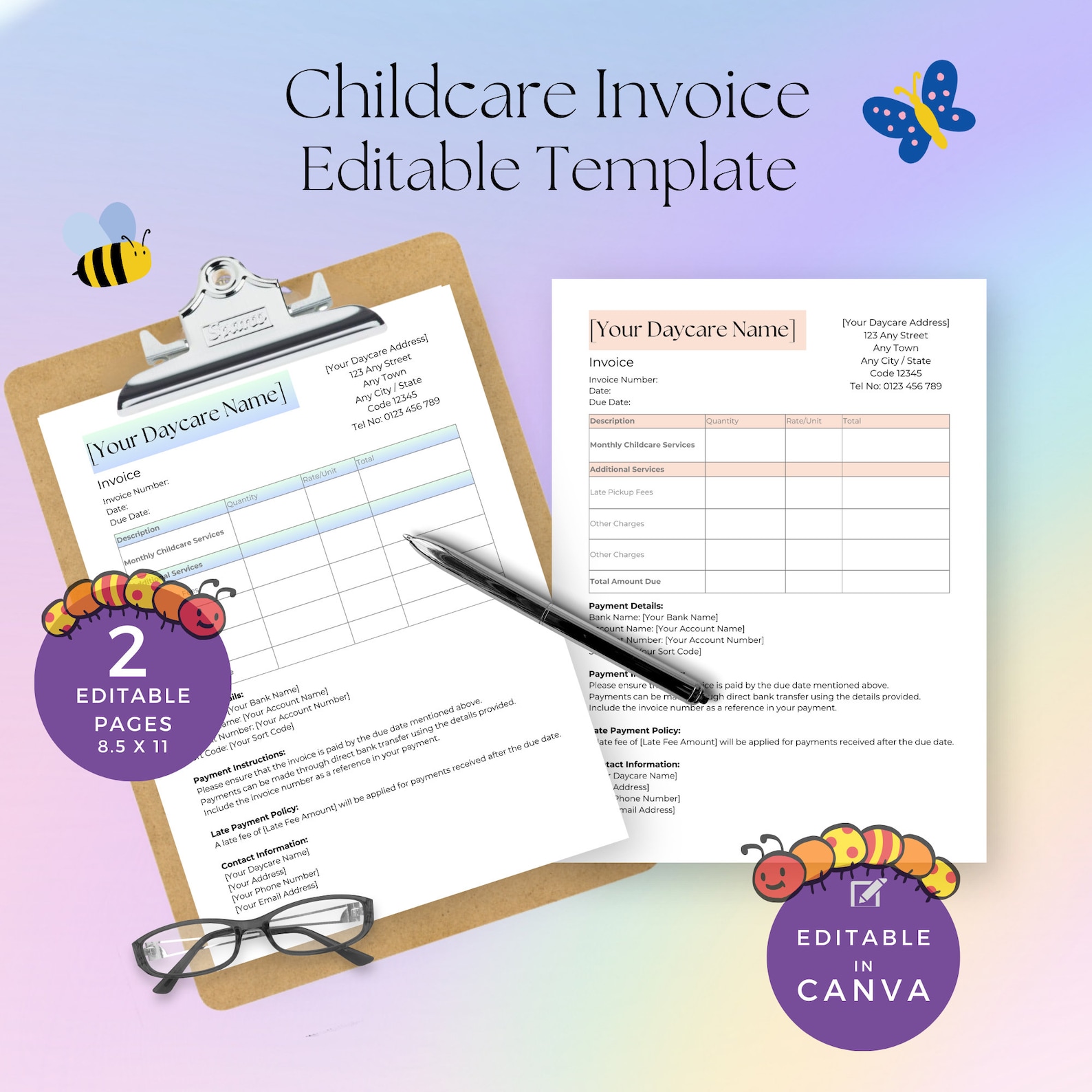 Daycare Services Payment Invoice, Childcare Invoice Editable Template ...