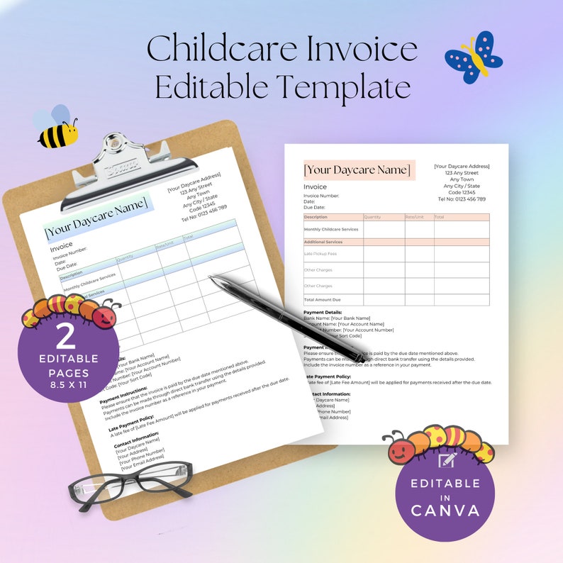 Daycare Services Payment Invoice, Childcare Invoice Editable Template ...