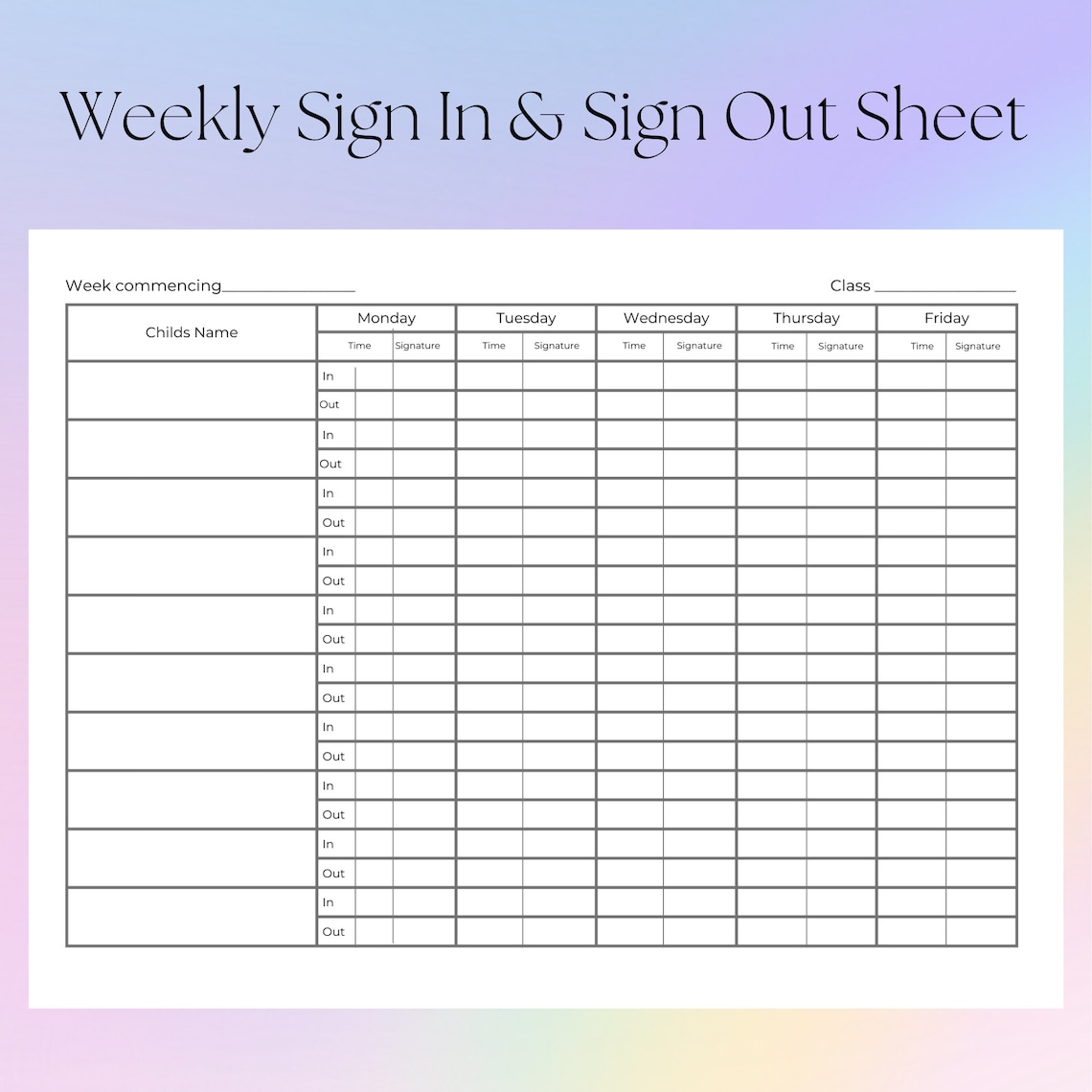 Daycare Attendance Tracker, Child Sign in Sheet Printable, Childcare ...