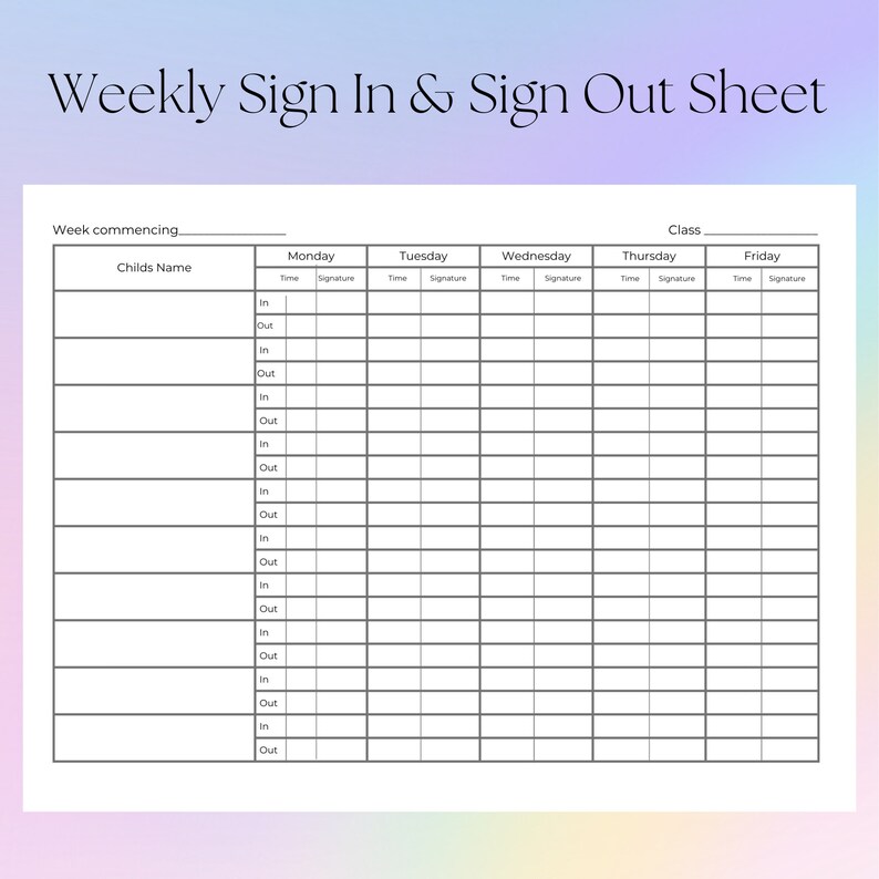 Daycare Attendance Tracker, Child Sign in Sheet Printable, Childcare ...