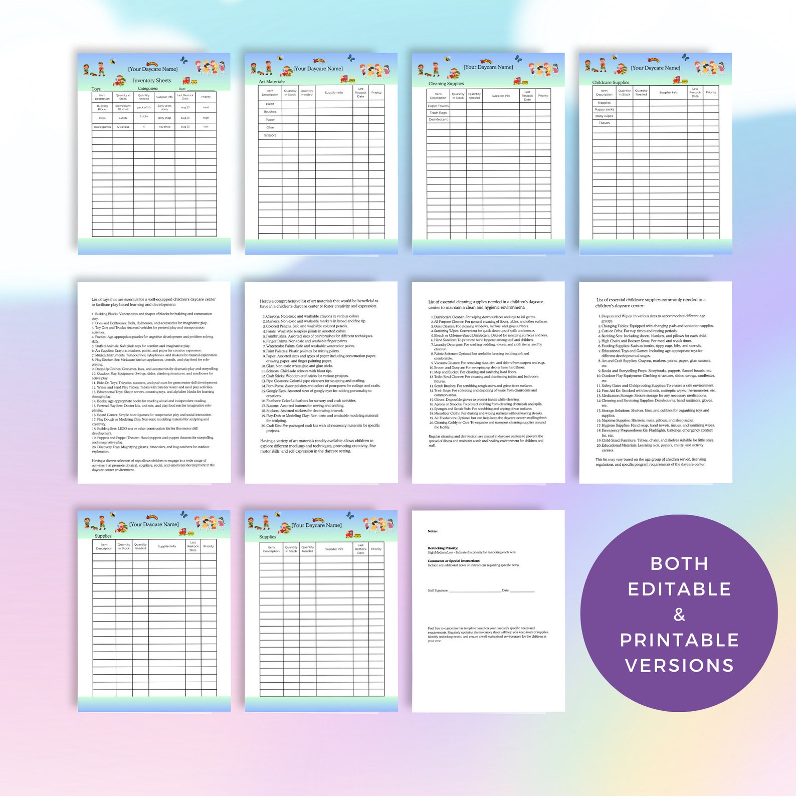 Daycare Essentials, Inventory Tracker Sheets & Supply Lists, Daycare ...