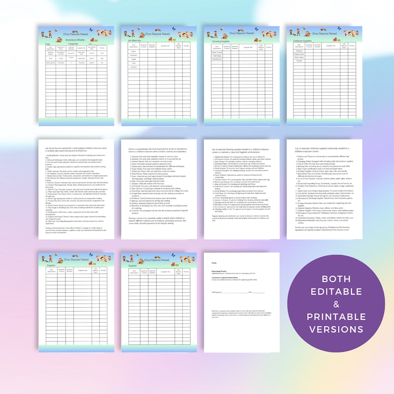 Daycare Essentials, Inventory Tracker Sheets & Supply Lists, Daycare ...