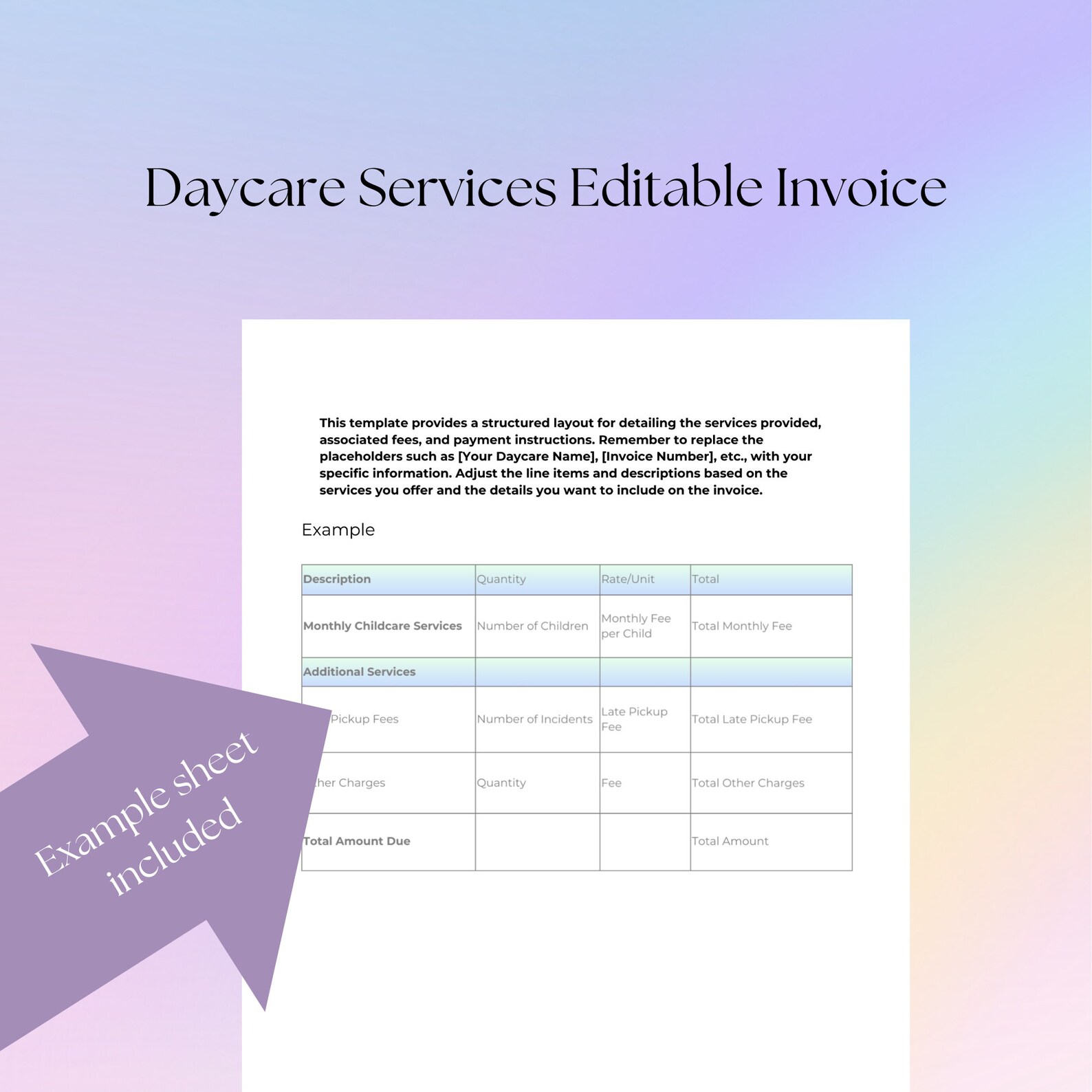 Daycare Services Payment Invoice, Childcare Invoice Editable Template ...