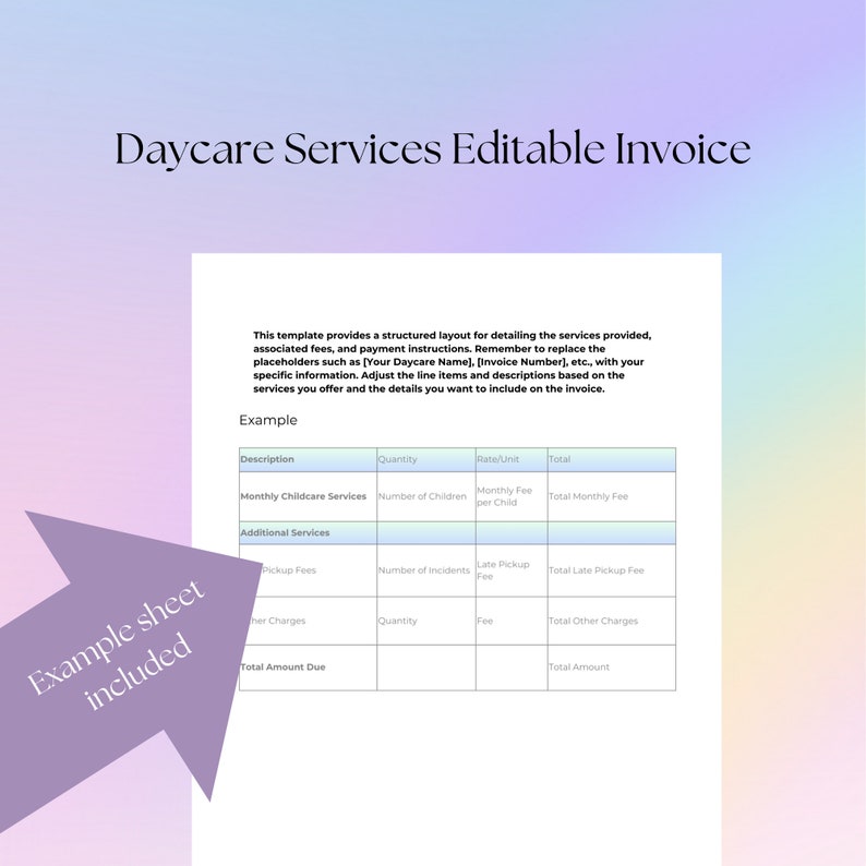 Daycare Services Payment Invoice, Childcare Invoice Editable Template ...
