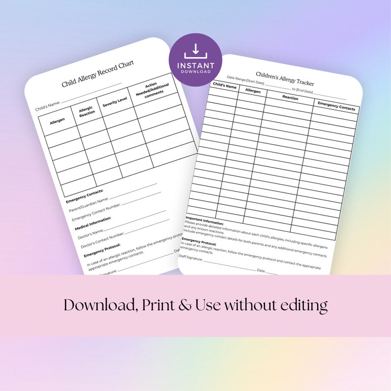 Daycare Allergy Form, Children Allergy Tracker, Child Allergy Record ...