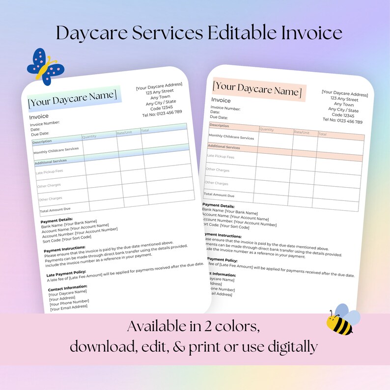 Daycare Services Payment Invoice, Childcare Invoice Editable Template ...