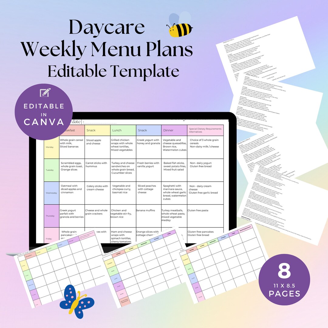 Daycare Weekly Menu, Home Daycare Meal Planner, Editable Weekly Menu ...
