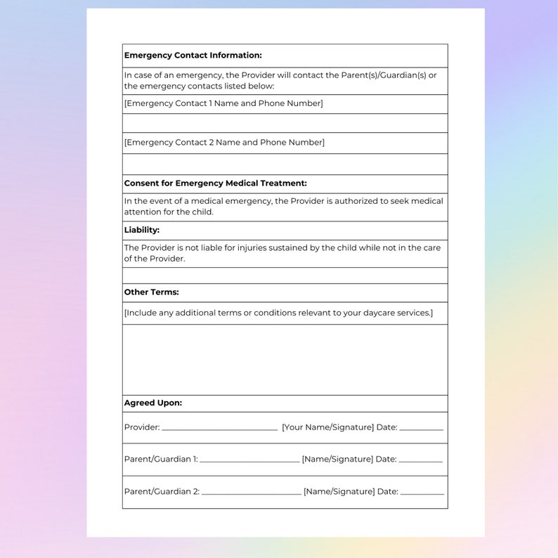 Editable Childcare Agreement Contract Forms for Home Daycare, Pre ...
