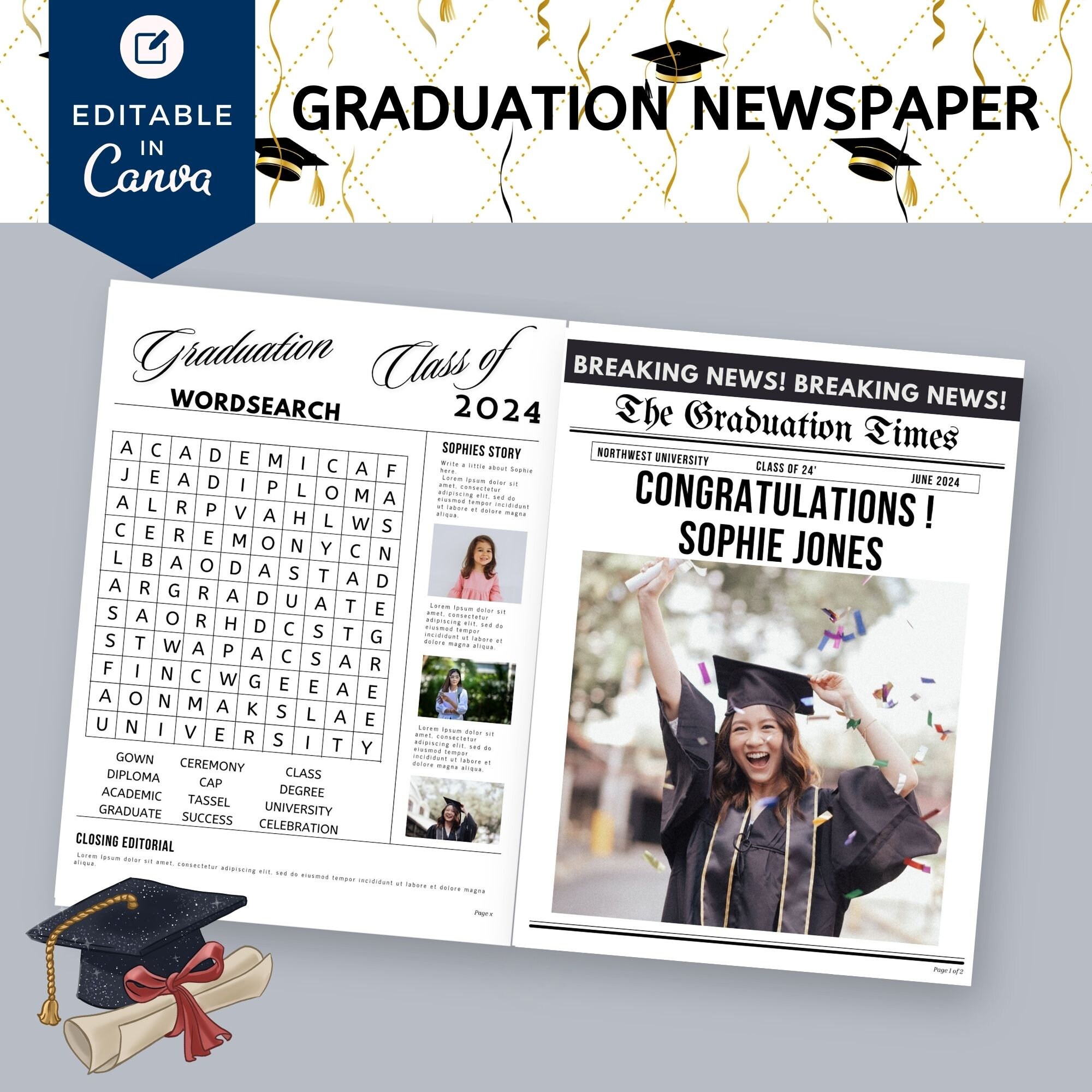 Graduation Newspaper Announcement Template, Graduate Party Invitation ...