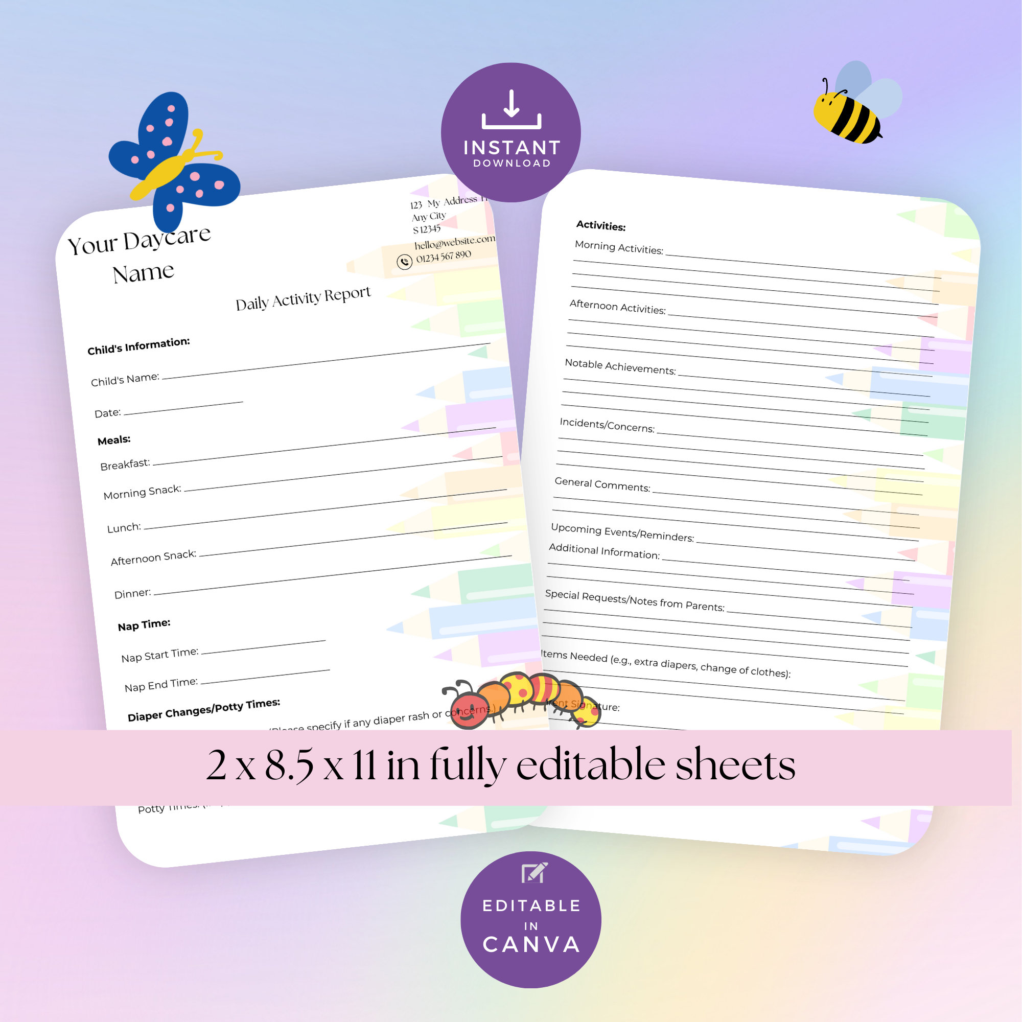 Daily Daycare Activity Report, Childcare Form Parent Communication ...