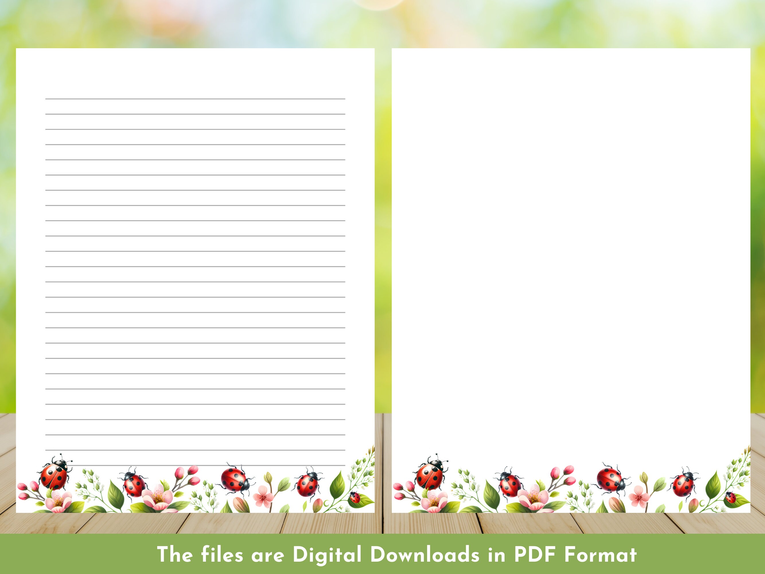 Ladybug Printable Stationary Set Lady Bug Beetles Spring Pink Flowers ...