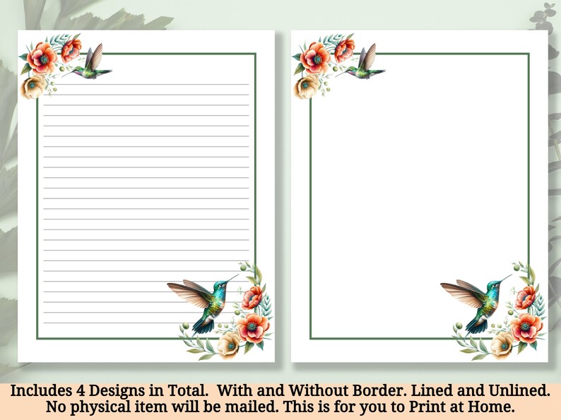 Hummingbird Writing Paper Stationery, Peach Floral Printable Stationary ...