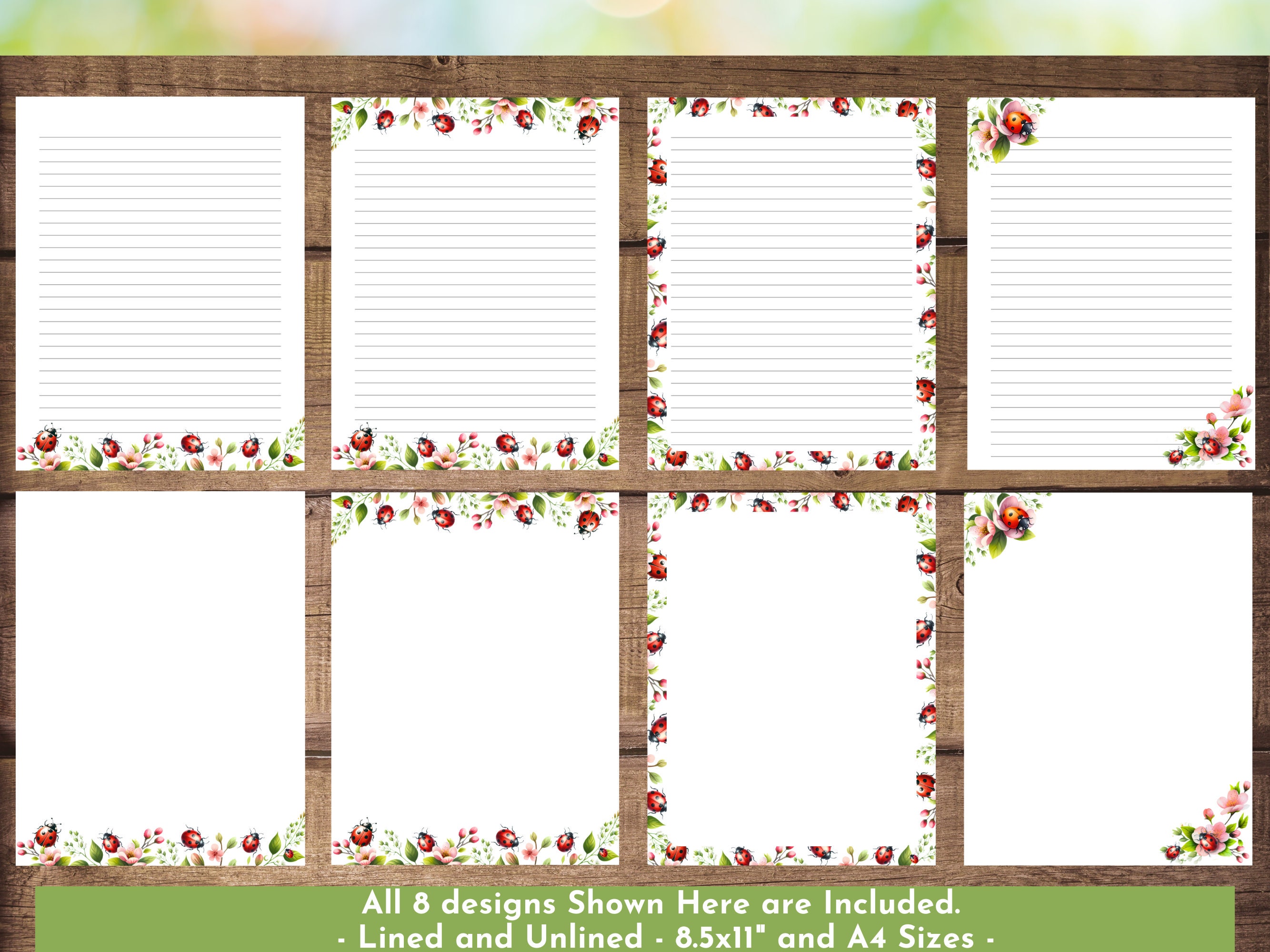 Ladybug Printable Stationary Set Lady Bug Beetles Spring Pink Flowers ...