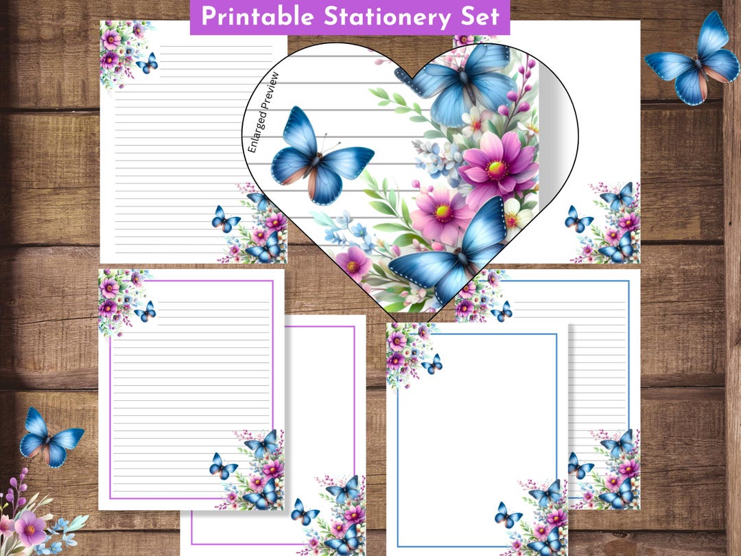 Blue Butterflies Printable Stationery Butterfly Floral Spring ...