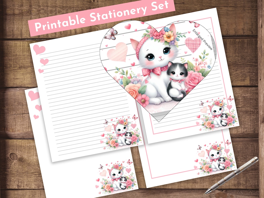 Kittens Cat Printable Stationary Stationery Set Hearts Kids Journal ...