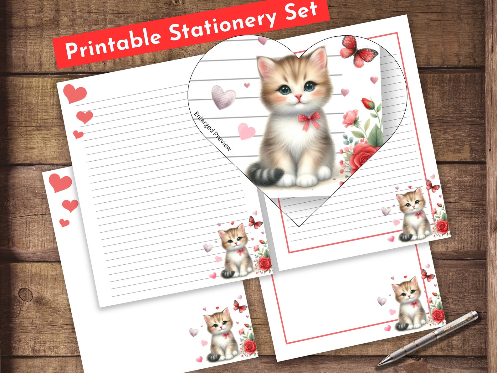 Valentine's Day Cat Kitten Printable Stationary Stationery Set Letter ...