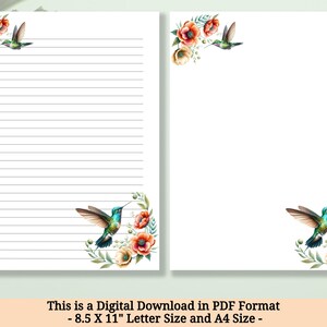 Hummingbird Writing Paper Stationery, Peach Floral Printable Stationary ...