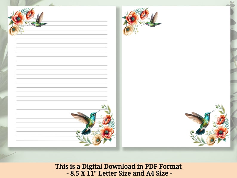 Hummingbird Writing Paper Stationery, Peach Floral Printable Stationary ...
