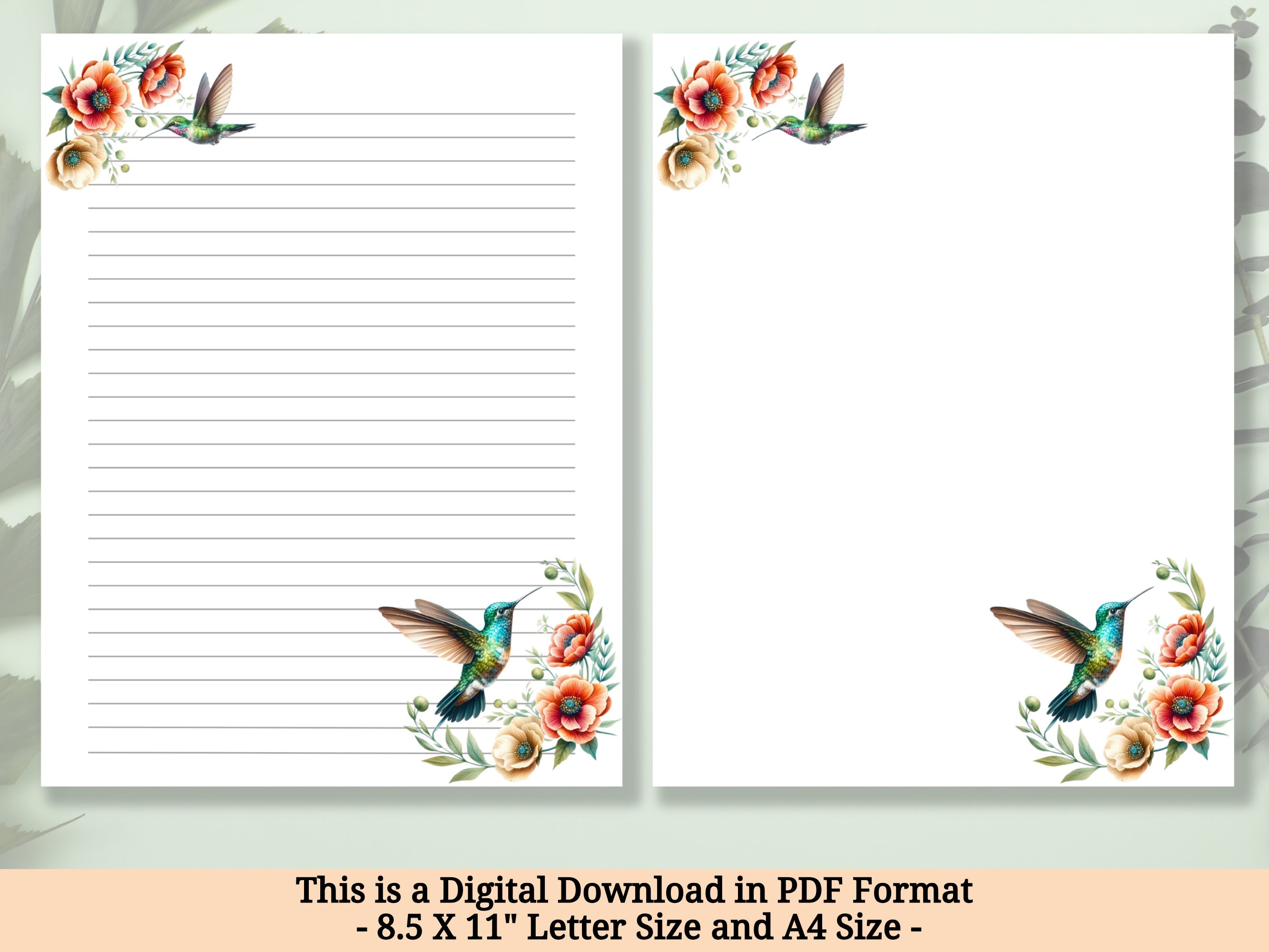 Hummingbird Writing Paper Stationery, Peach Floral Printable Stationary ...