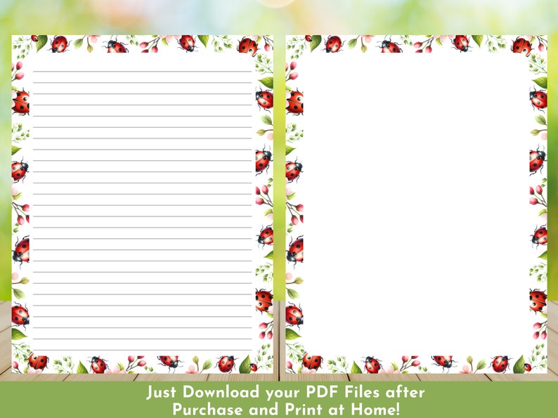Ladybug Printable Stationary Set Lady Bug Beetles Spring Pink Flowers ...