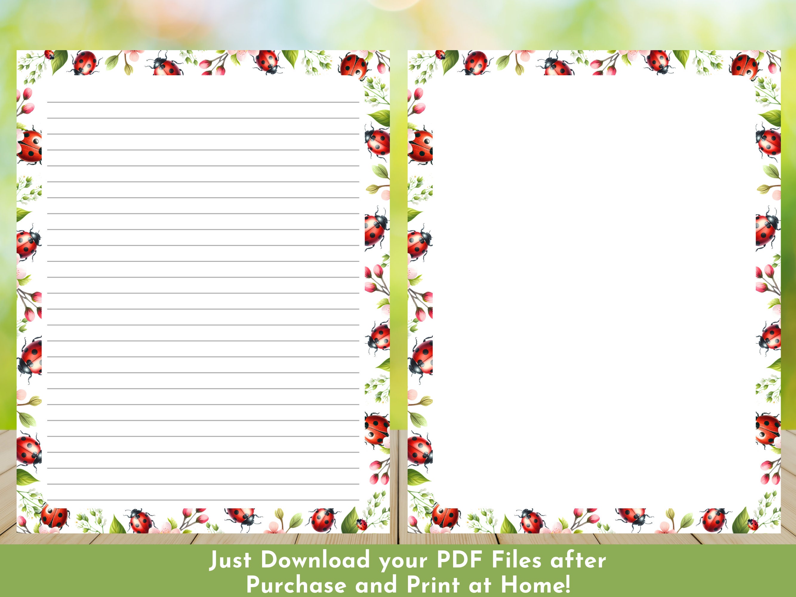 Ladybug Printable Stationary Set Lady Bug Beetles Spring Pink Flowers ...