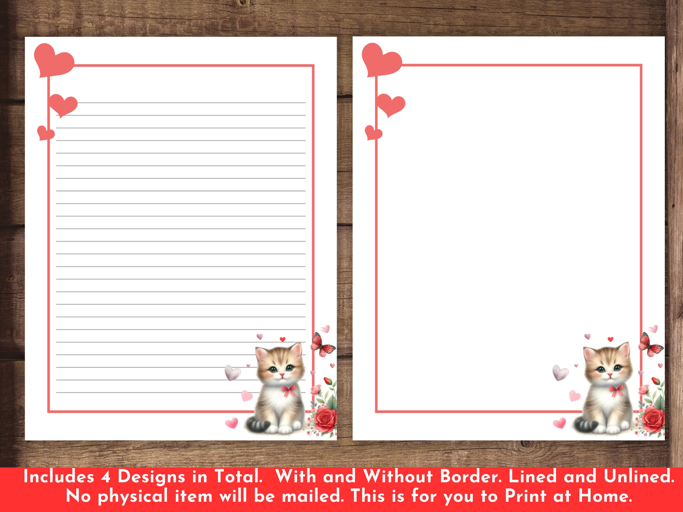 Valentine's Day Cat Kitten Printable Stationary Stationery Set Letter ...