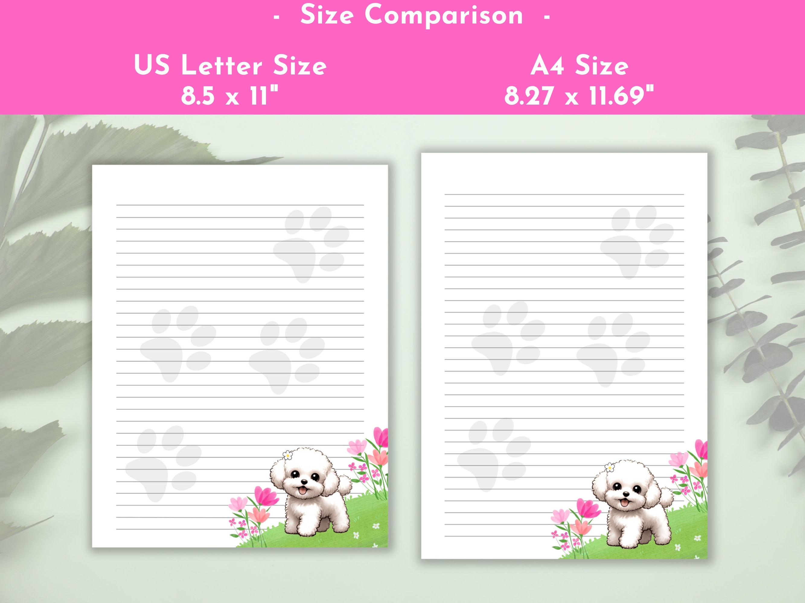 Printable Stationary White Poodle Puppy Dog Floral Stationery Set ...