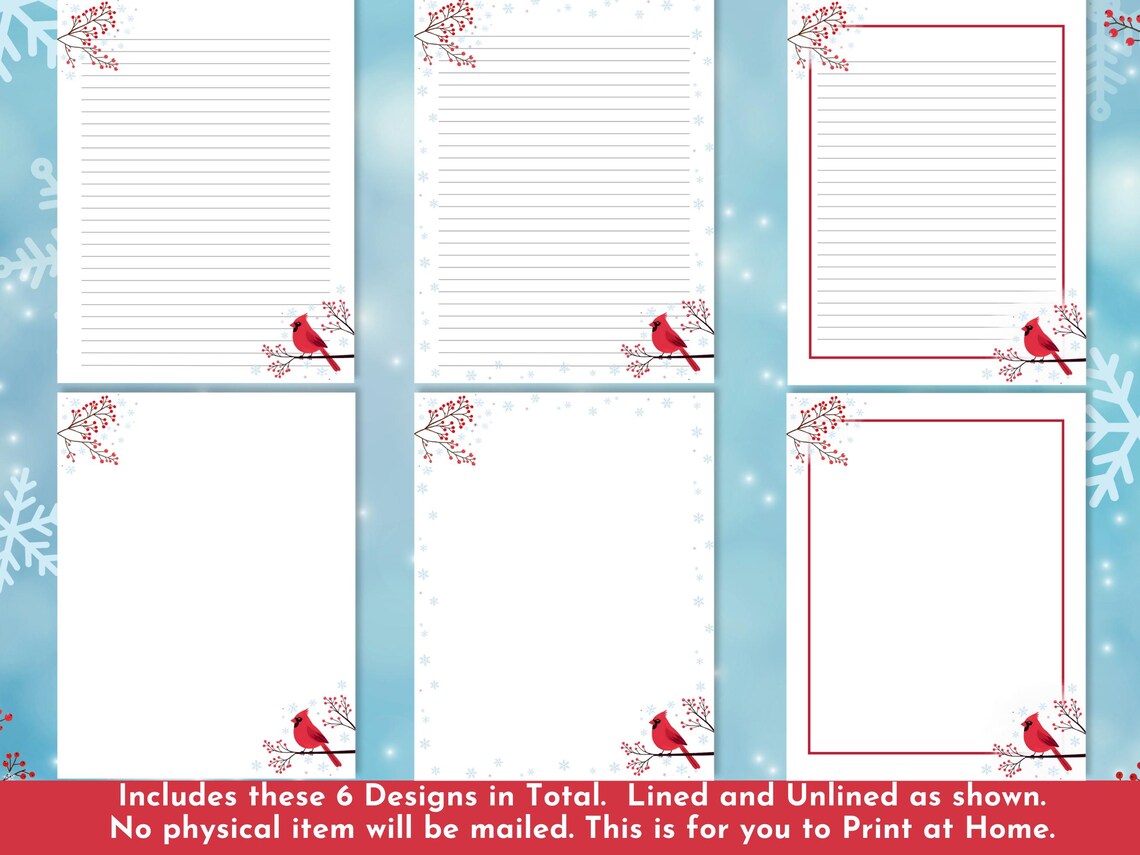 Printable Stationary Paper Winter Cardinal Snowflake Christmas ...