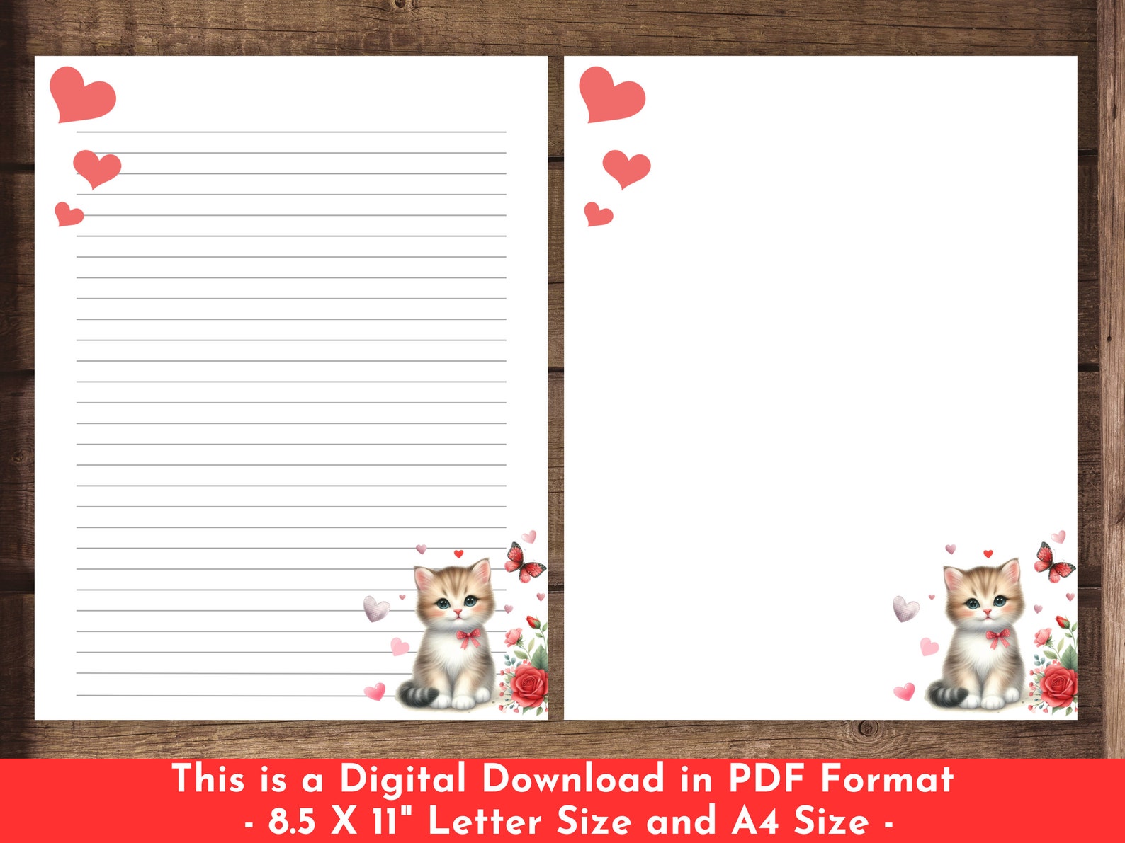 Valentine's Day Cat Kitten Printable Stationary Stationery Set Letter ...