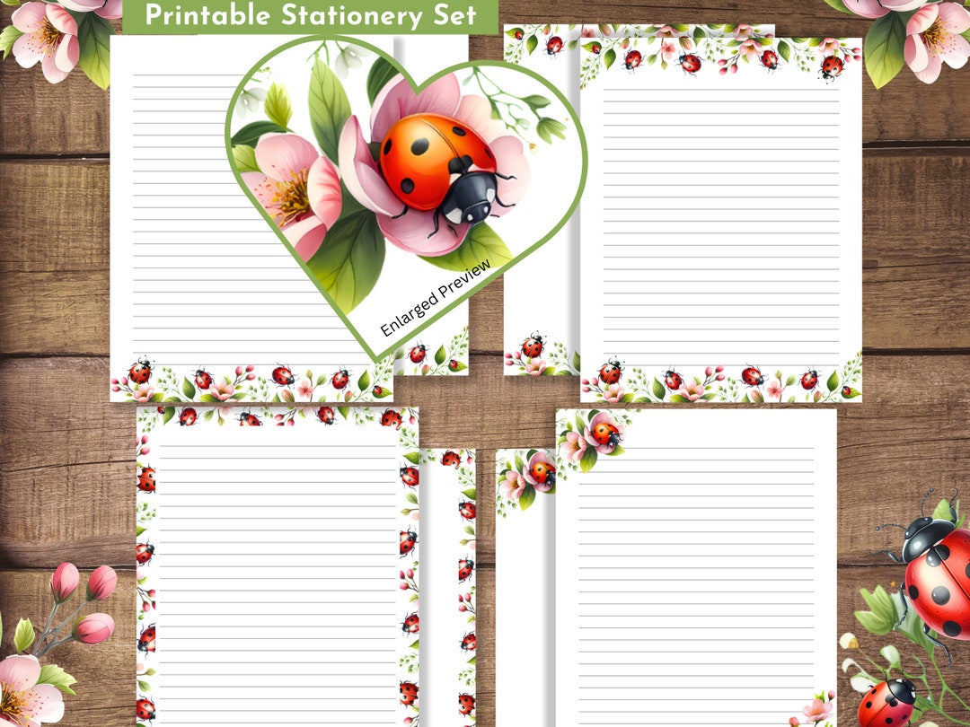 Ladybug Printable Stationary Set Lady Bug Beetles Spring Pink Flowers ...