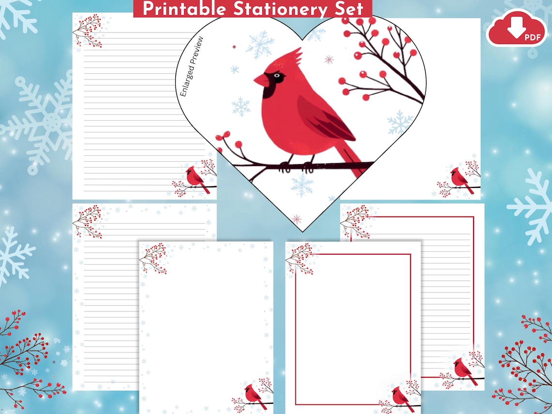 Printable Stationary Paper Winter Cardinal Snowflake Christmas ...