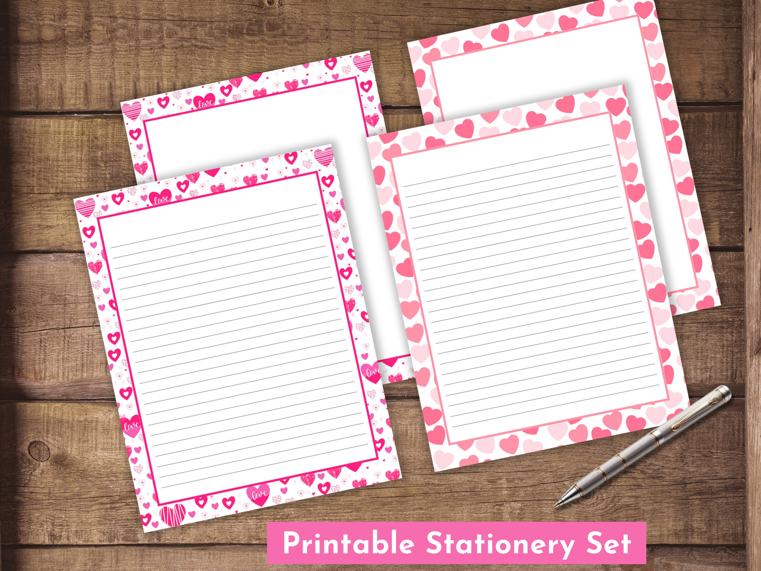 Valentine's Day Hearts Printable Stationary Pink Red Stationery Set ...
