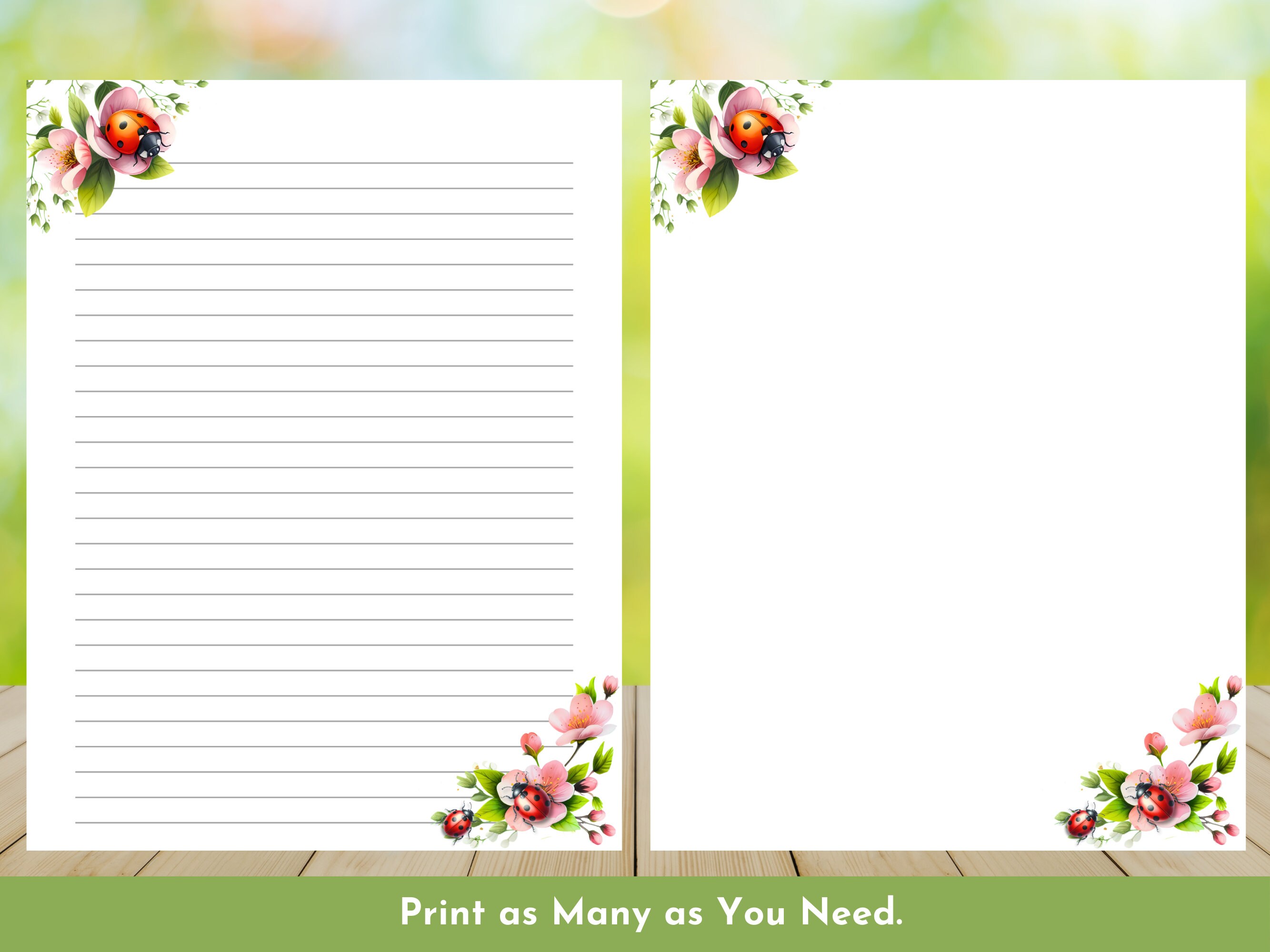 Ladybug Printable Stationary Set Lady Bug Beetles Spring Pink Flowers ...