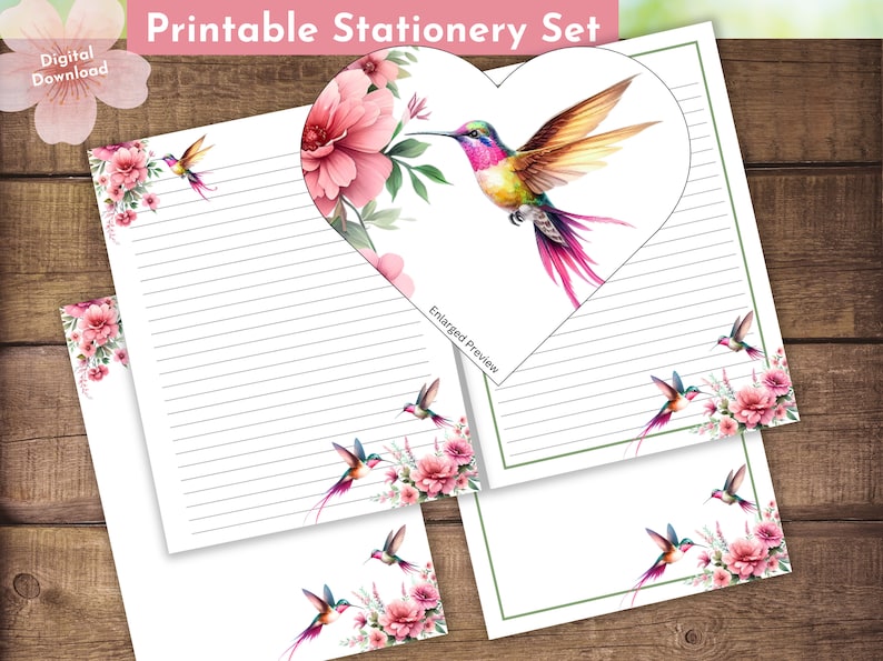 Hummingbird Printable Stationary Set Pink Floral Flowers Spring ...