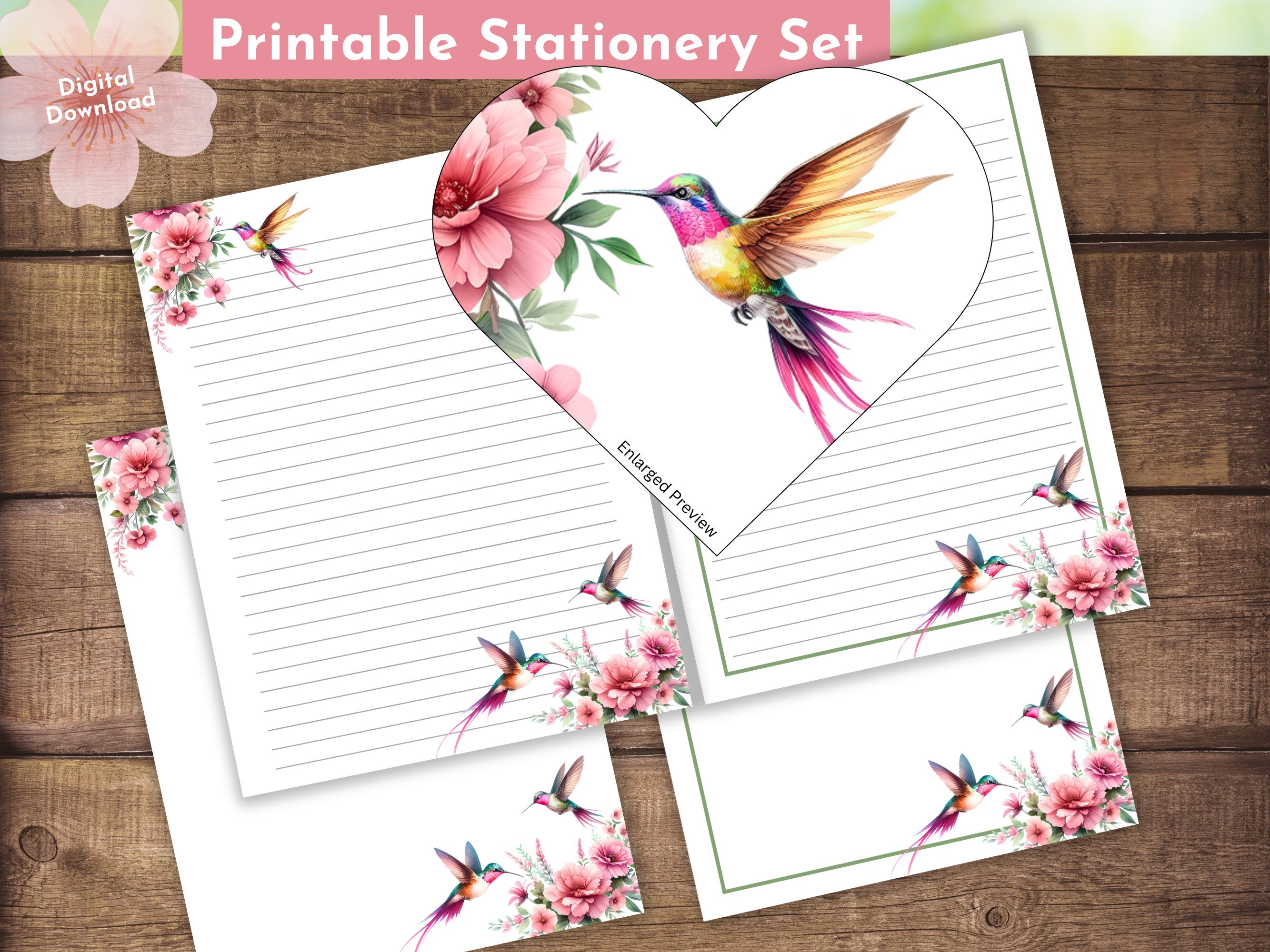 Hummingbird Printable Stationary Set Pink Floral Flowers Spring ...