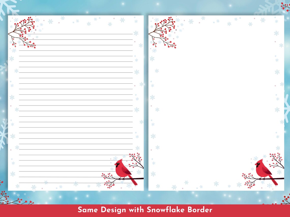 Printable Stationary Paper Winter Cardinal Snowflake Christmas ...