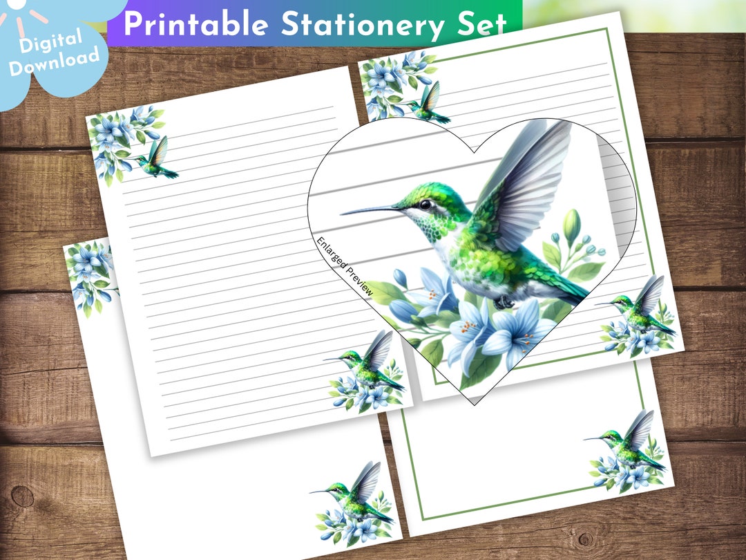 Hummingbird Stationary Set Blue Floral Flowers Stationery Printable ...