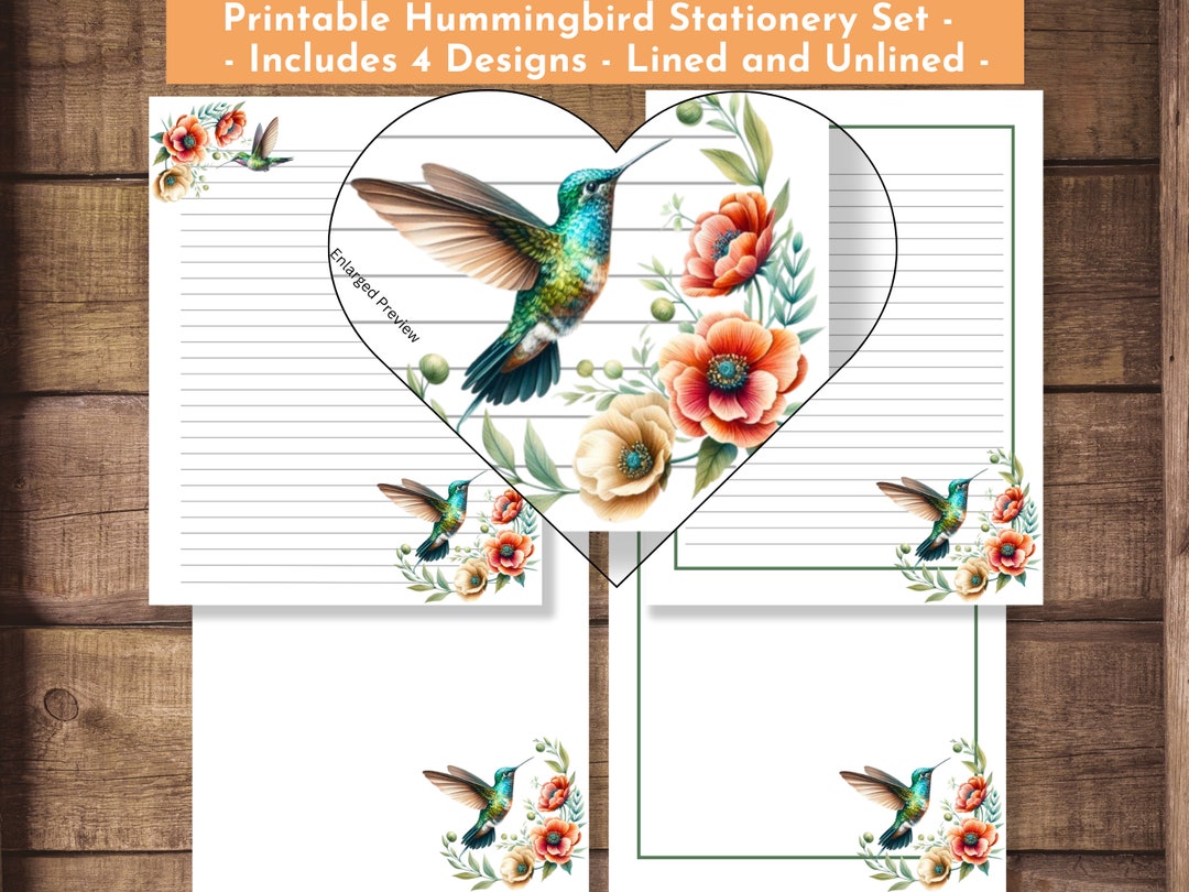 Hummingbird Writing Paper Stationery, Peach Floral Printable Stationary ...