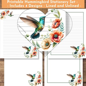 Hummingbird Writing Paper Stationery, Peach Floral Printable Stationary ...