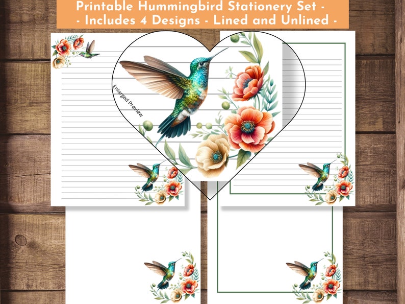 Hummingbird Writing Paper Stationery, Peach Floral Printable Stationary ...